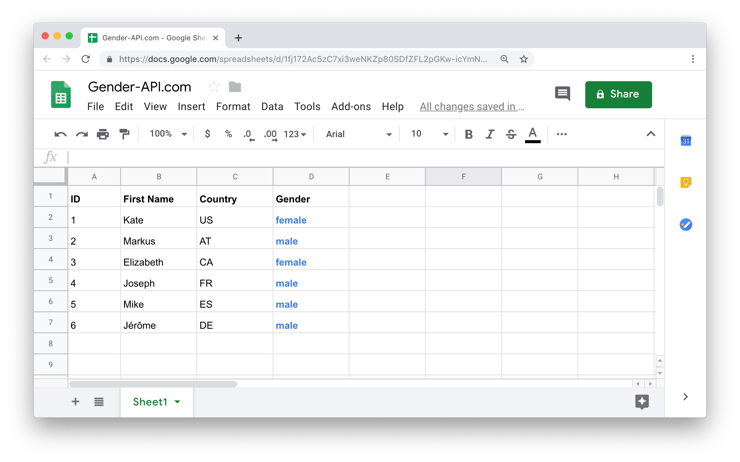 Genderize names in a Google spreadsheet - Gender API - Determines the gender of a first name